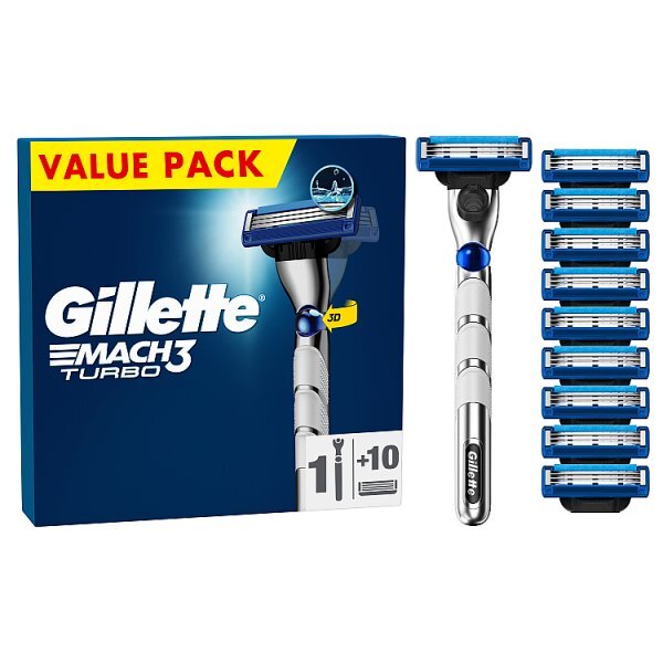 Gillette Mach 3 Turbo 3D Value Pack, Razor + 9 Razor Blades | Mens ...