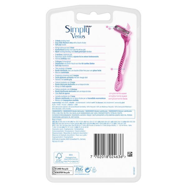 Gillette Simply Venus 3 Blade Disposable Razor x4 | Toiletries | Superdrug