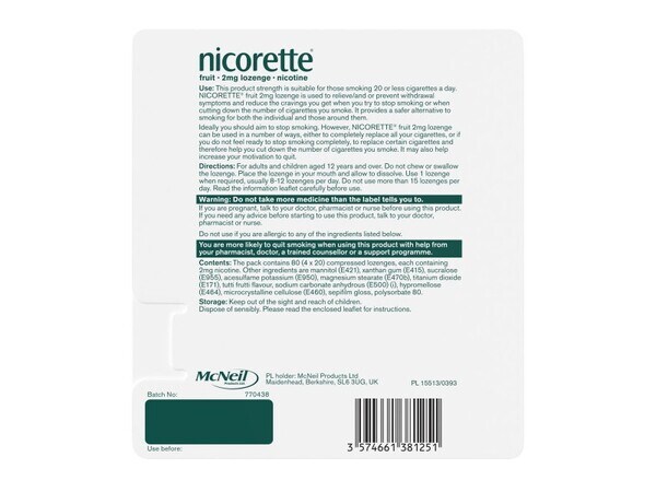 Nicorette Fruit 2mg Nicotine Lozenge 80s (Stop Smoking) | Health ...